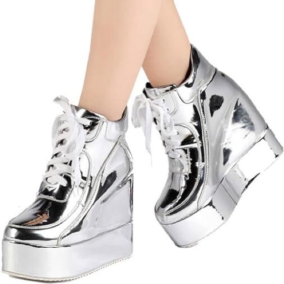 Getmorebeauty | Shoes | Silver Platform Wedge Sneakers | Poshmark